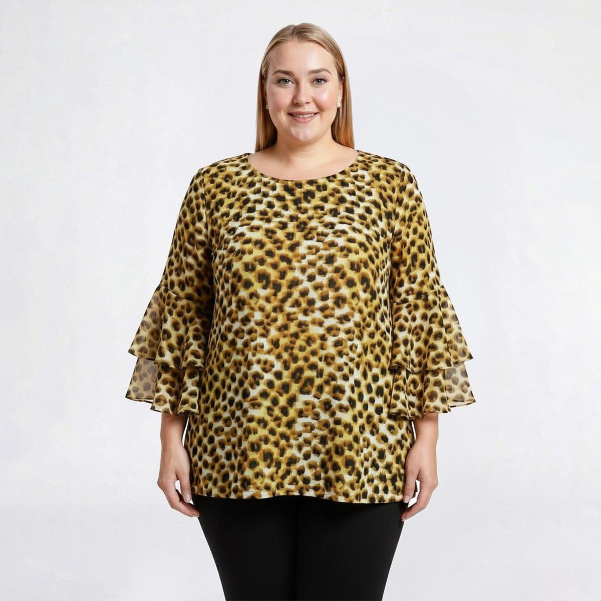 Kasper Plus Size Tiered Ruffle-Sleeve Printed Blouse - Vanilla Ice Multi